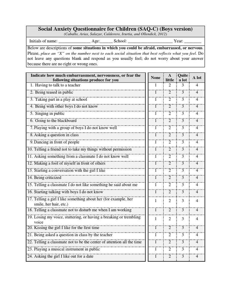 Social Anxiety Questionnaire For Children - Meninos | PDF | Anxiety | Social Anxiety Disorder