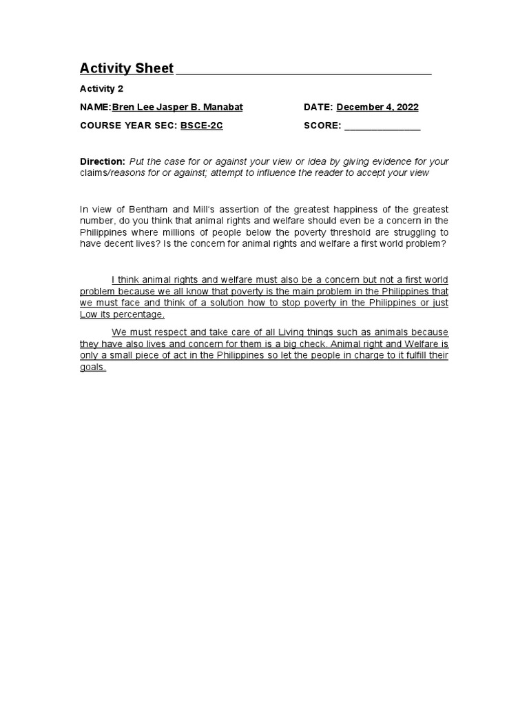 Manabat, Bren Lee Jasper B, BSCE 2C, Chapter 2 | PDF | Utilitarianism | Pleasure