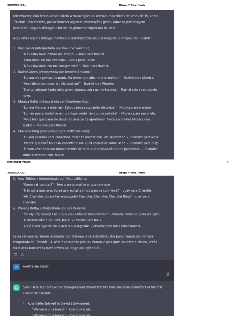 Aguns Diálogos 1 Temp. Friends - Chat GPT | PDF | Amigos | Atores da televisão americana