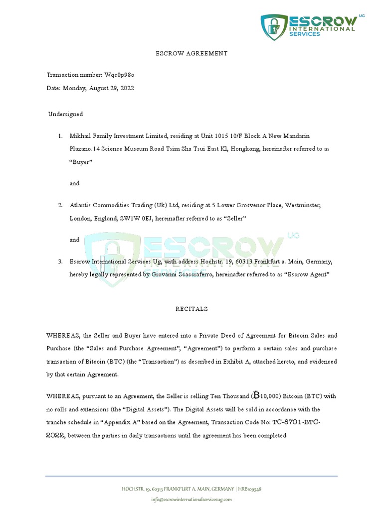 Signed Copy Escrow Agreement Escrow International Services Ug | PDF ...