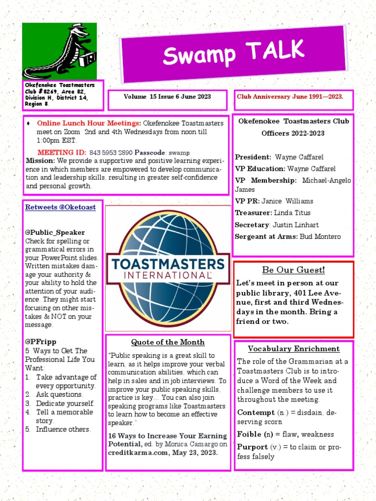 Swamp Talk, Okefenokee Toastmasters Club Newsletter, June 2023 | PDF