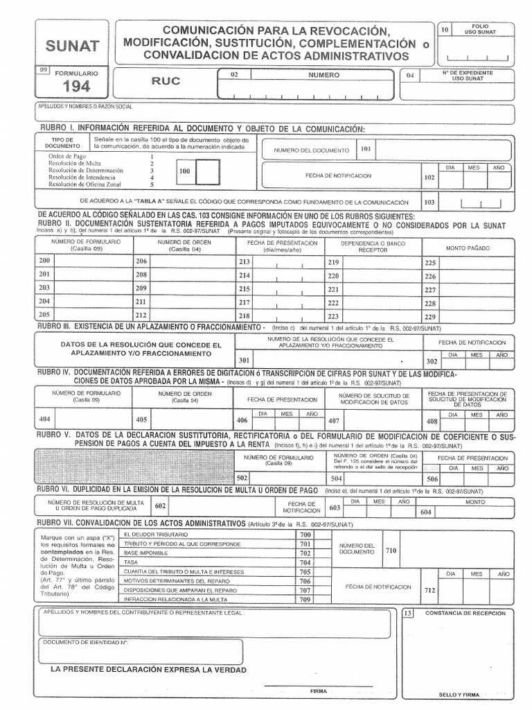 Formulario 194 - Comunicacion de Revocacion, sustitucion, convalidacion Hoja con Cara e ...
