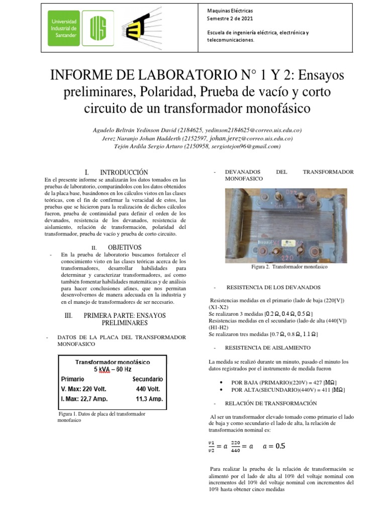 INFORME #1 Del Laboratorio 1 y 2 de Maquinas Electricas I | PDF | Transformador | Laboratorios