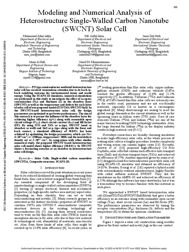 Modeling and Numerical Analysis of Heterostructure Single Walled | PDF | Carbon Nanotube | Solar ...