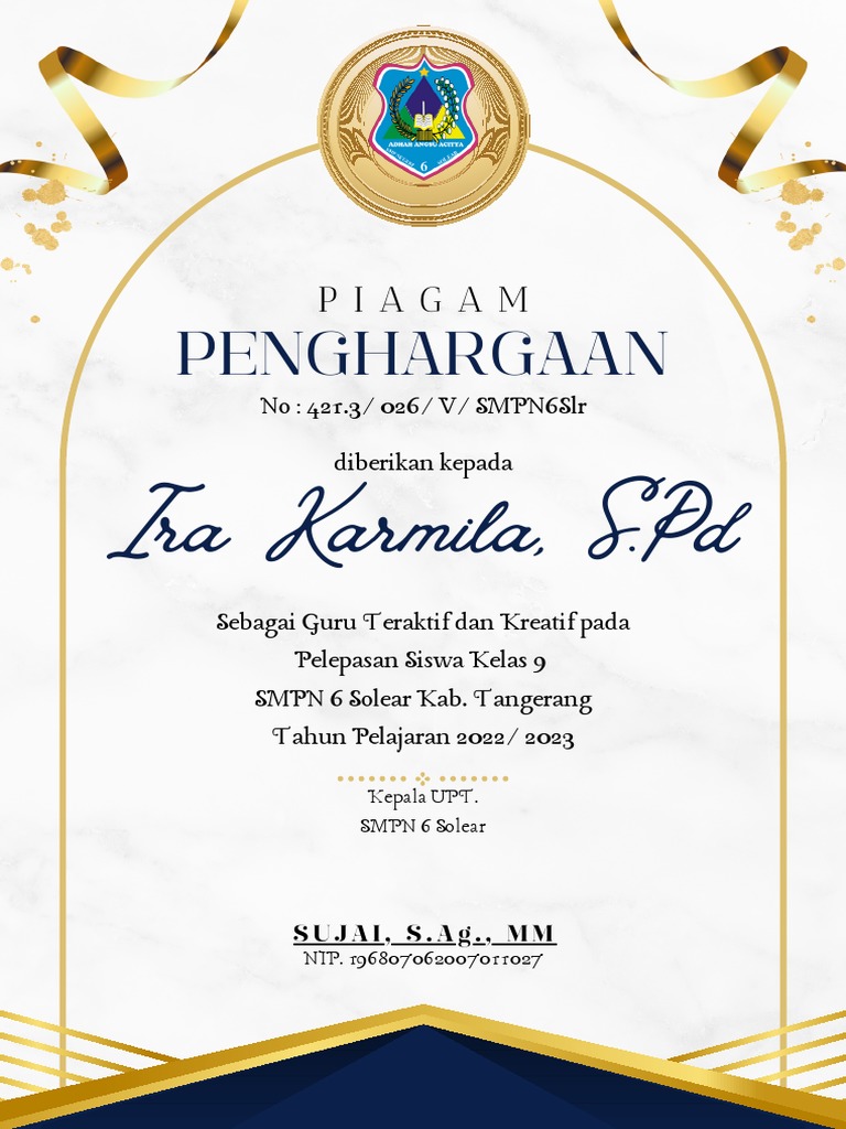 Putih Biru Elegan Piagam Penghargaan Portrait Certificate | PDF