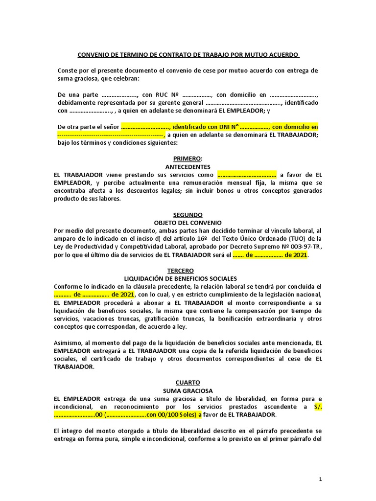 Convenio de Cese Laboral por Mutuo Acuerdo | PDF | Propiedad | Salario
