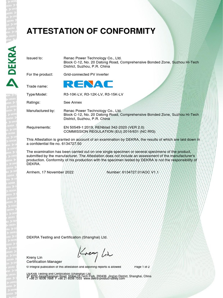 R3-10-15K-LV EN 50549-1 RENblad Certificate | PDF | Alternating Current ...