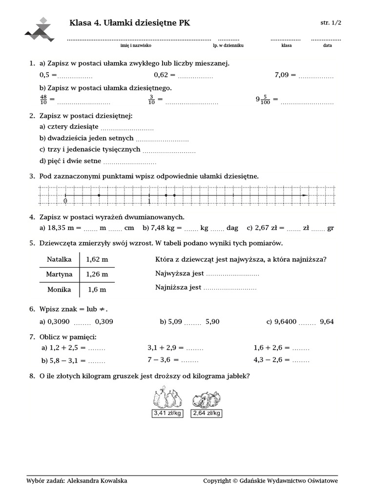 Kl.4 Ulamki Dziesietne - PK | PDF