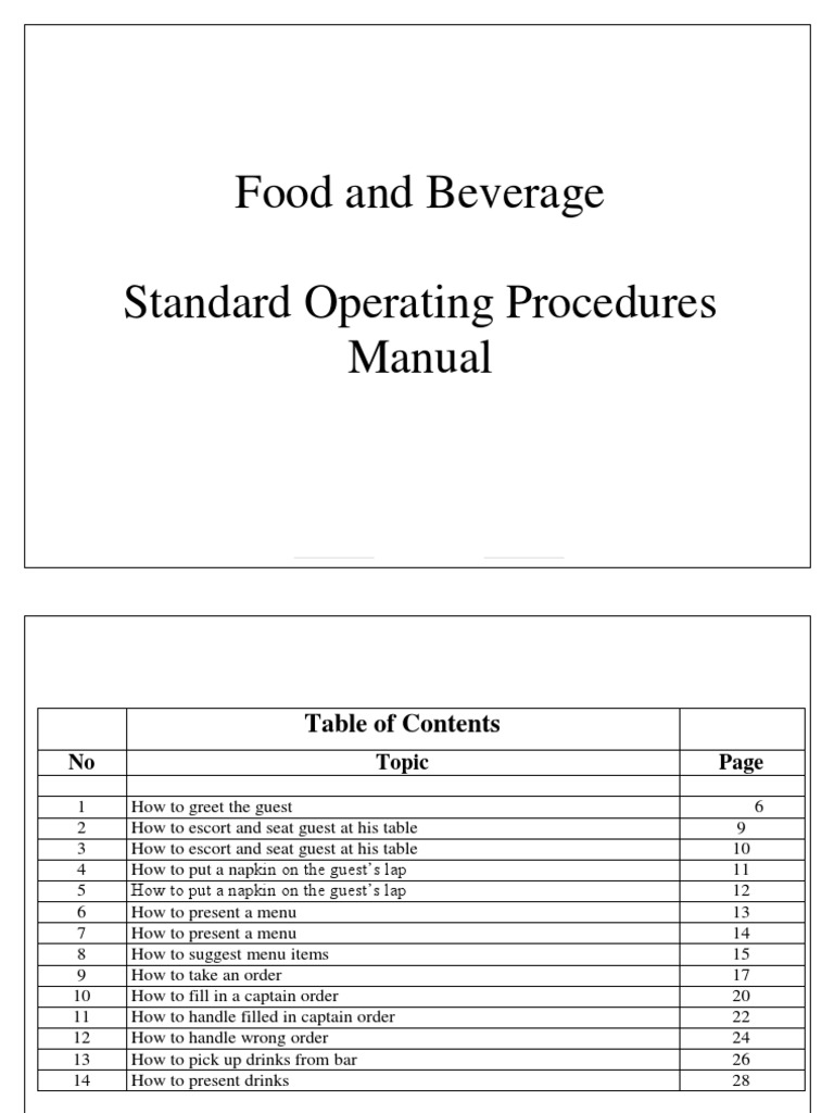 Food and Beverage Standard Operating Procedures Manual | PDF | Menu | Drink