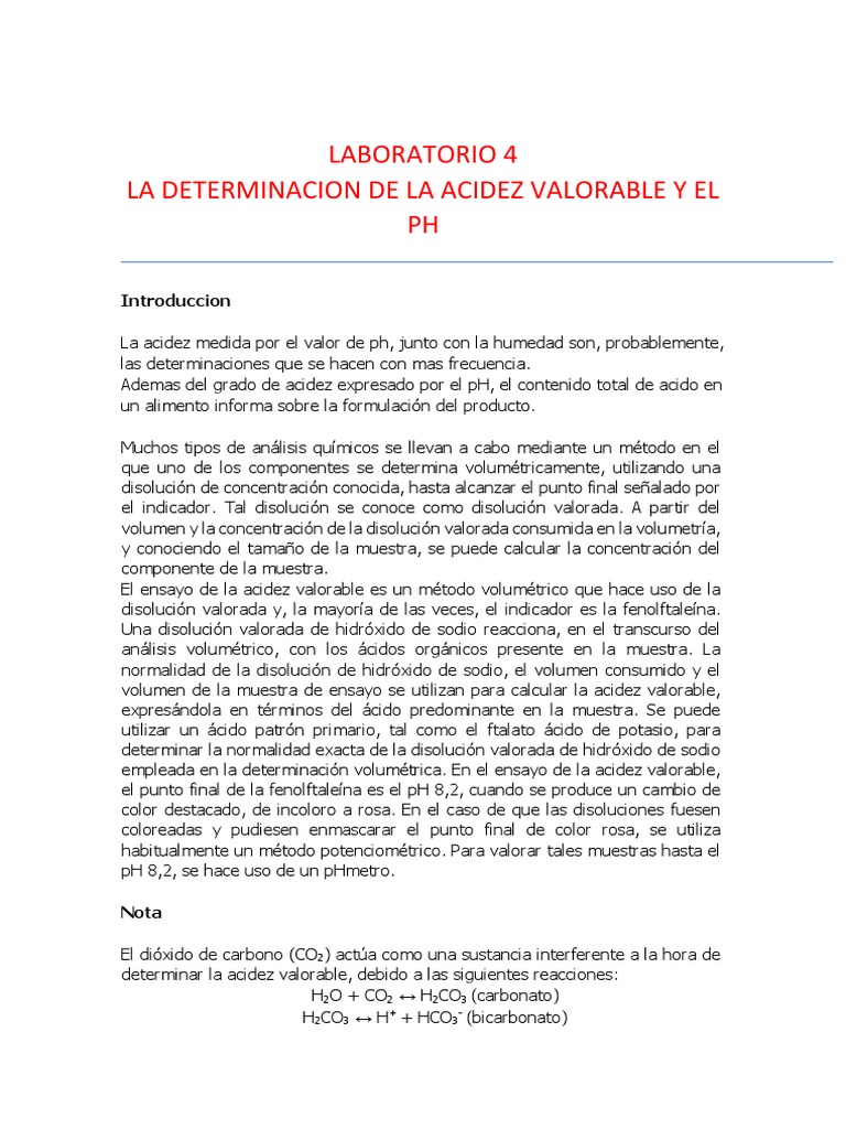 LABORATORIO 4 La Acidez Valorable y El PH | Descargar gratis PDF | Valoración | Química
