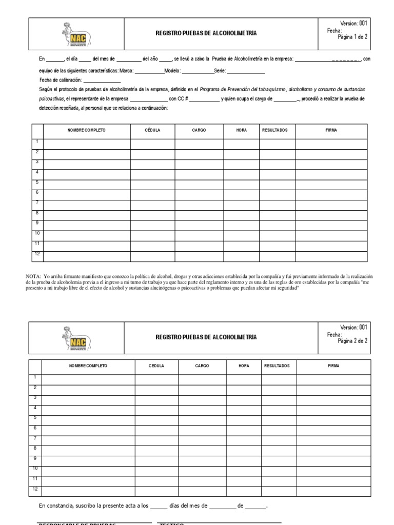 Formato Registro Prueba de Alcoholimetría | Descargar gratis PDF ...