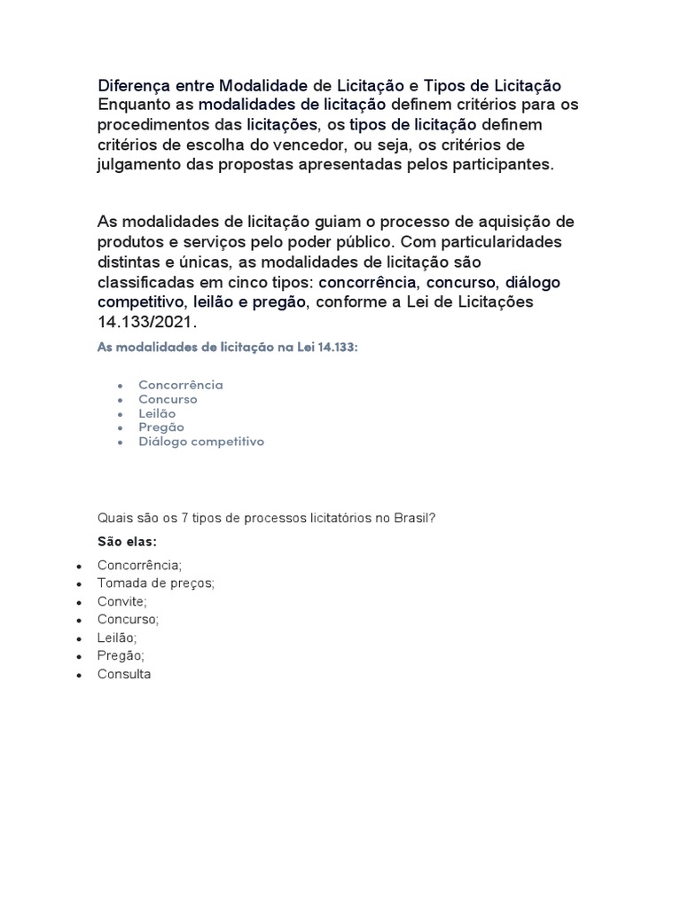 Modalidades e Tipos de Licitação 14133 | PDF | Economias | Business