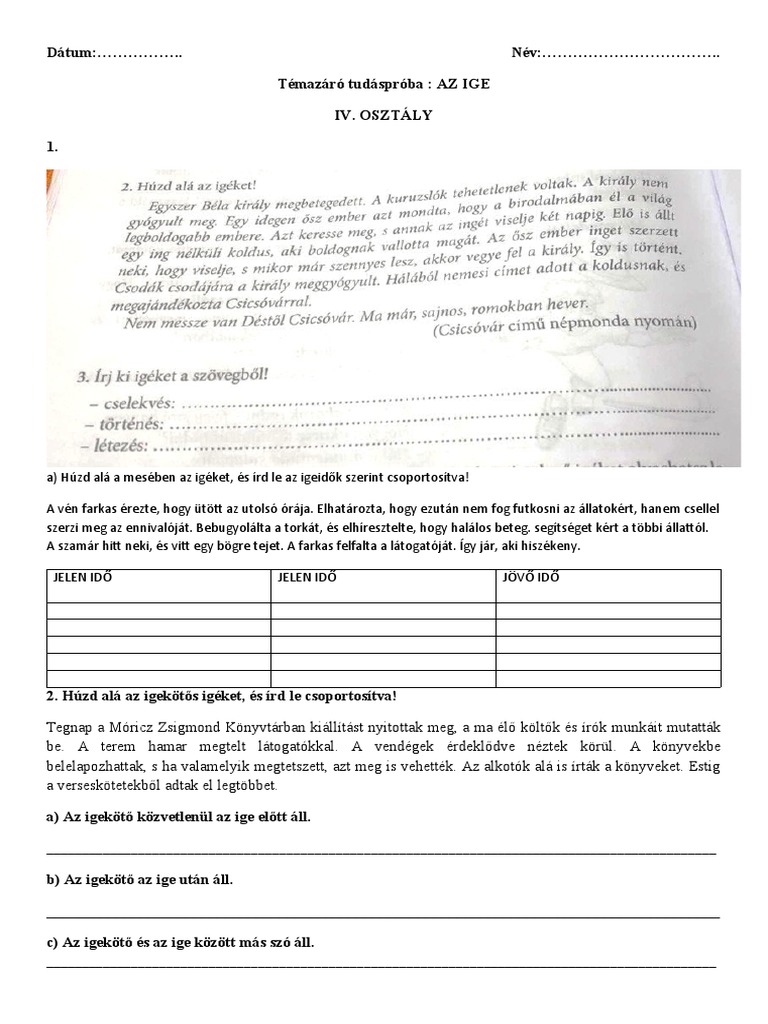 Témazáró Felmerő Az Ige IV. Oszt | PDF