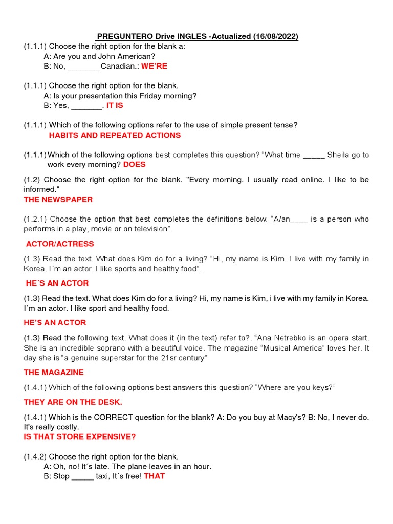 Preguntero de Ingles - 16-08-2022 | PDF | Emergency | Buffet