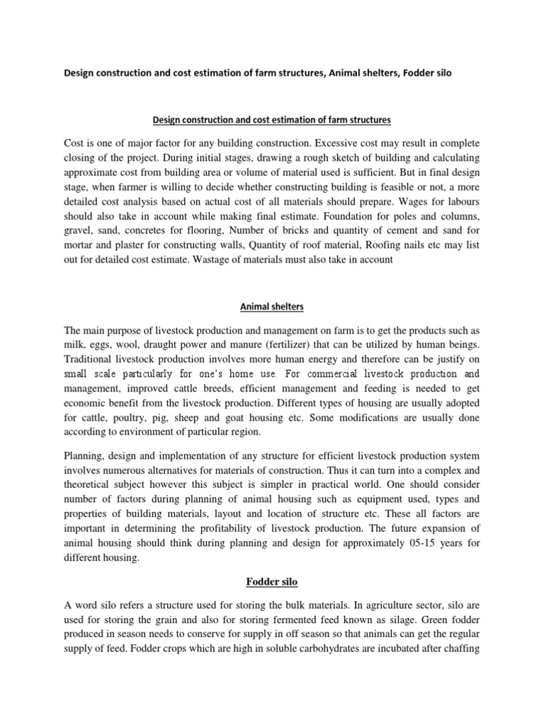 Design Construction and Cost Estimation of Farm Structures, Animal ...