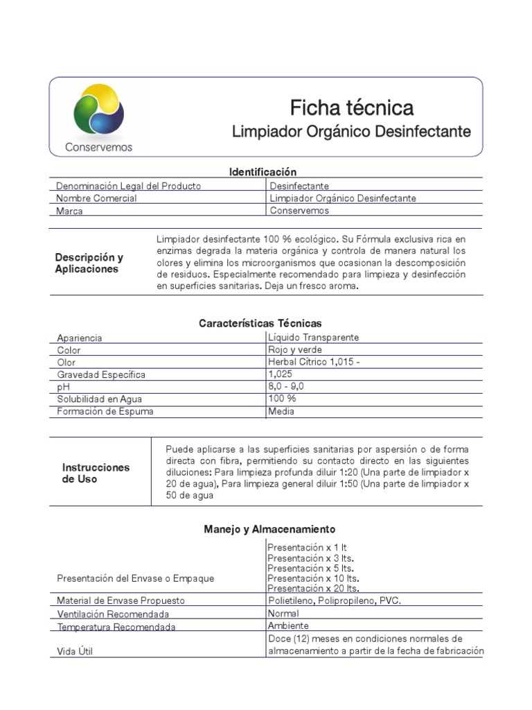 Ficha Tecnica Limpiador Organico Desinfectante | PDF | Agua | Higiene Ocupacional