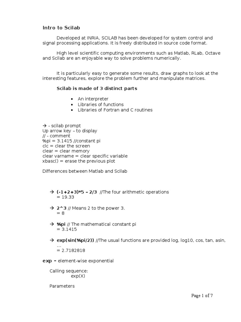 Scilab Basics and Matrix Operations | PDF | Exponential Function ...