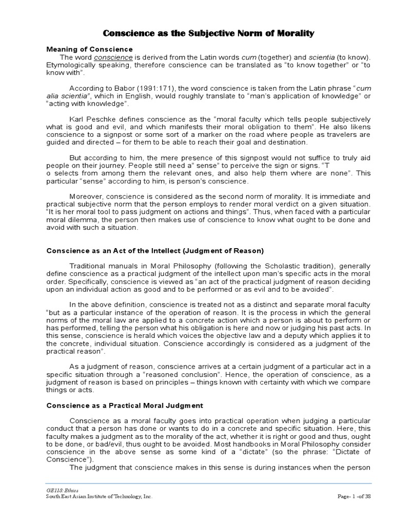 Conscience As The Subjective Norm of Morality | PDF | Conscience | Reason