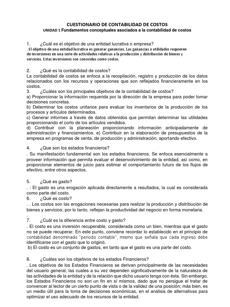 Cuestionario Unidad 1 Costos | PDF | Costo | Contabilidad