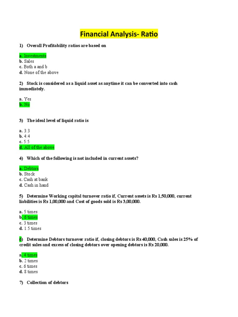 MCQs (50) - Ratio Analysis | Download Free PDF | Net Income | Gross Margin