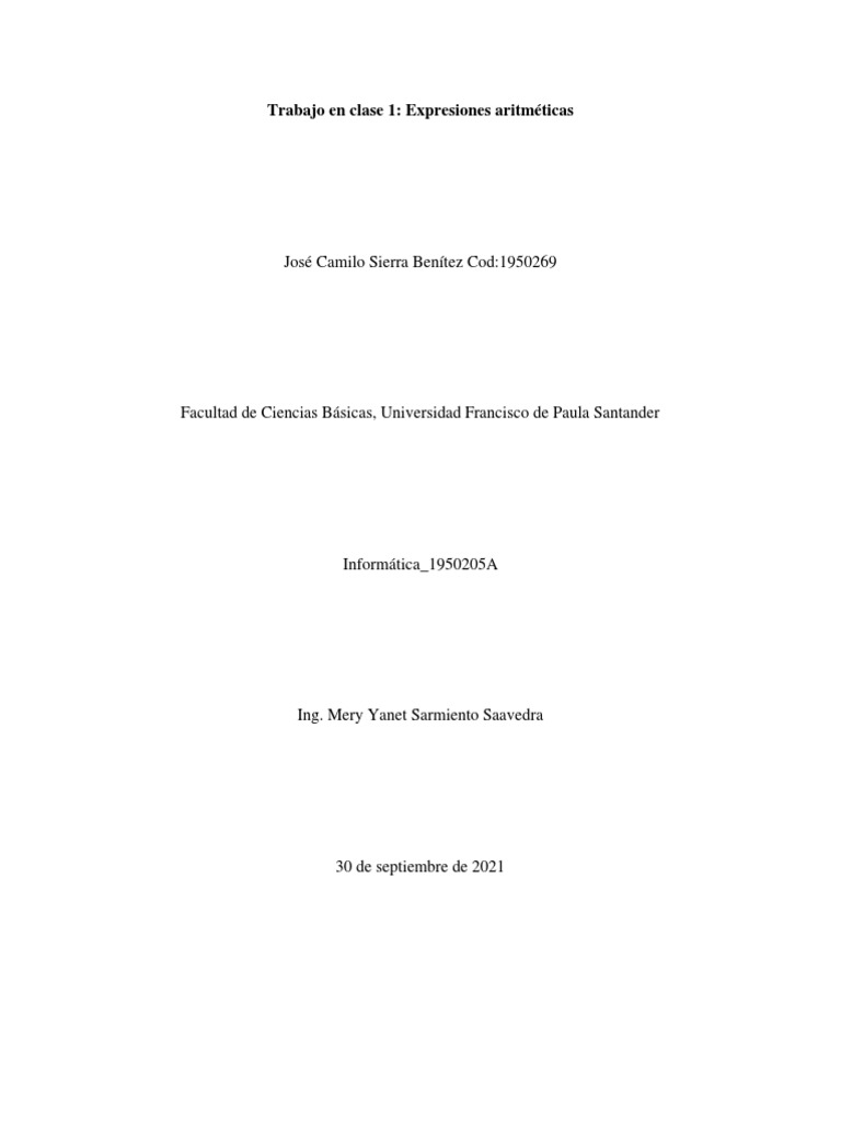 1.-Trabajo en Clase 1 - Expresiones Aritmeticas | PDF 1.-Trabajo en Clase 1 - Expresiones Aritmeticas | PDF