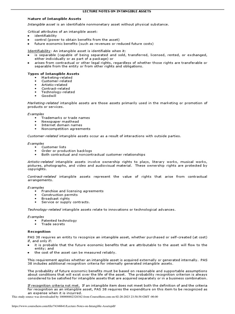 Lecture Notes On Intangible Assets | PDF