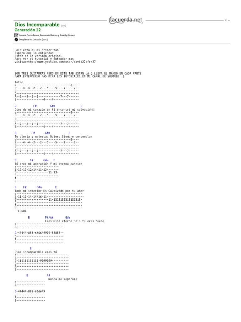 DIOS INCOMPARABLE, Generación 12 - Tablatura | PDF
