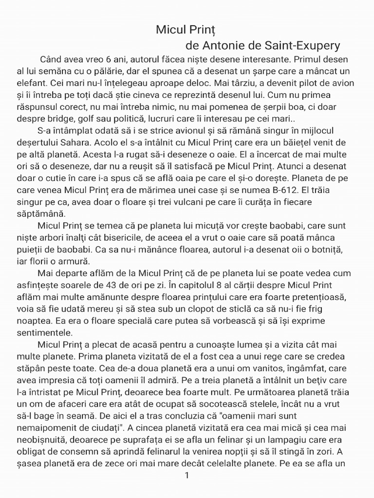 Micul Prinț Rezumat - 230522 - 215210 | PDF