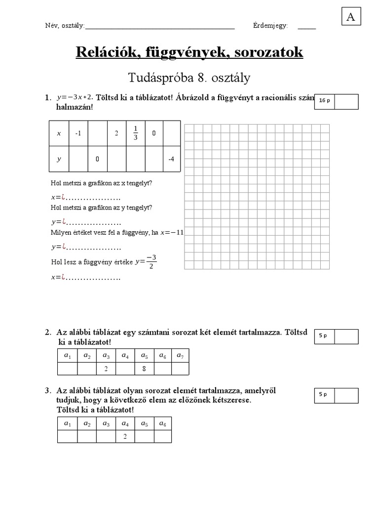 Matematika 8.osztály - Relációk, Függvények, Sorozatok | PDF