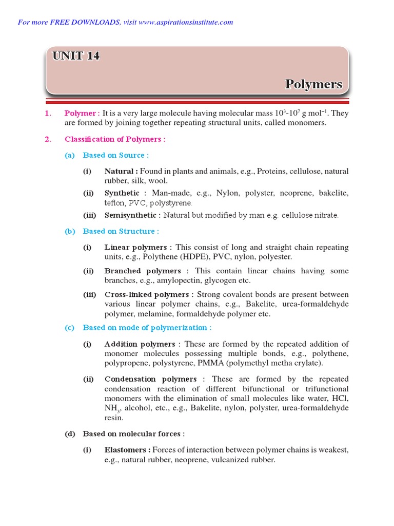 CBSE Class 12 Chem Notes Question Bank Polymers PDF | PDF | Polymers ...