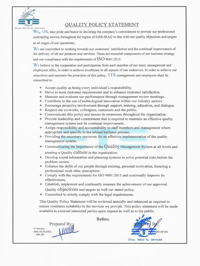 STS-QP-001 Quality Policy | PDF