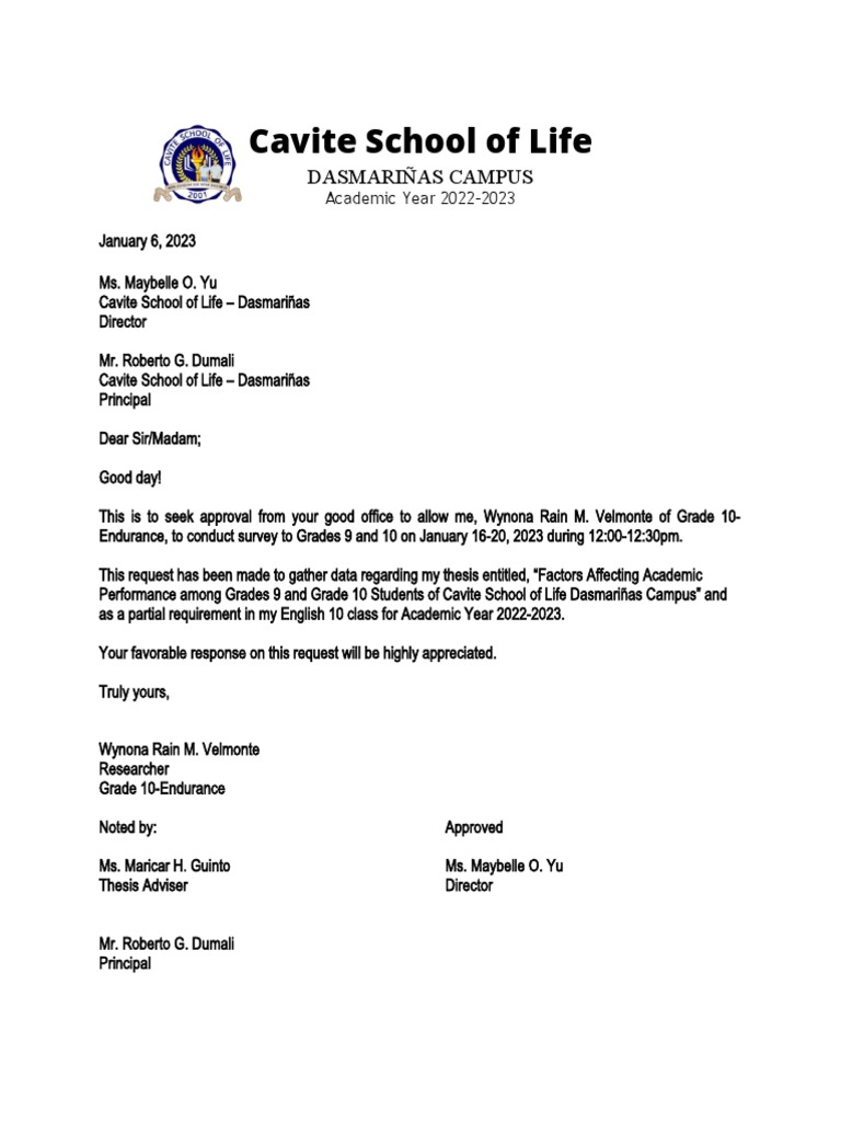 Grade 10 Thesis APPROVAL LETTER For Data Gathering Velmonte 2 2 | PDF