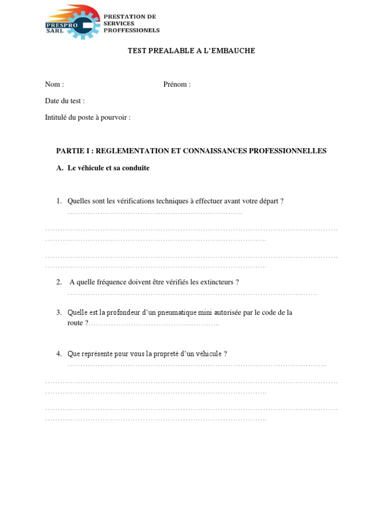 Test Prealable A L'embauche de Conducteurs | PDF