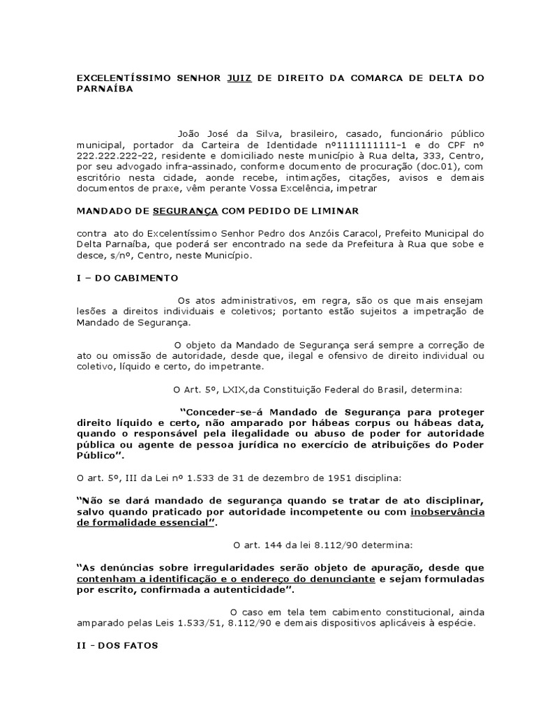 Modelo Mandado de Segurança Administrativo | PDF | Mandamus | Direito ...