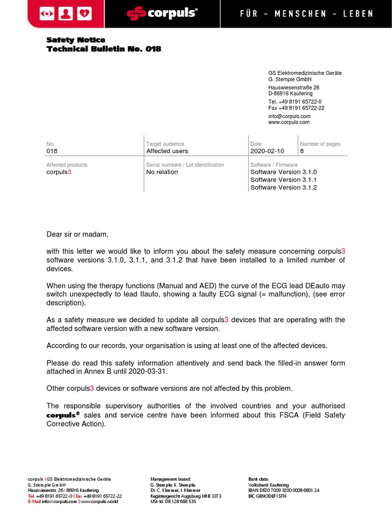 Safety Notice Technical Bulletin No. 018: 018 Affected Users 2020-02-10 ...