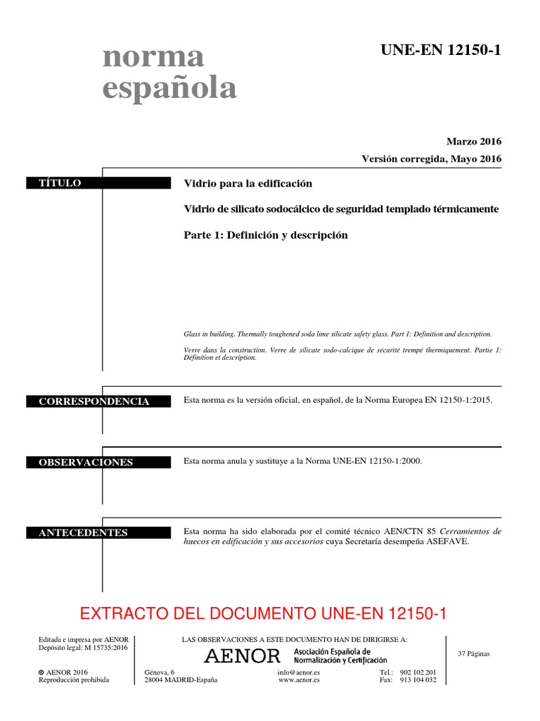 Norma UNE-EN 12150-1: Vidrio Templado | PDF | Lentes | Materiales ópticos