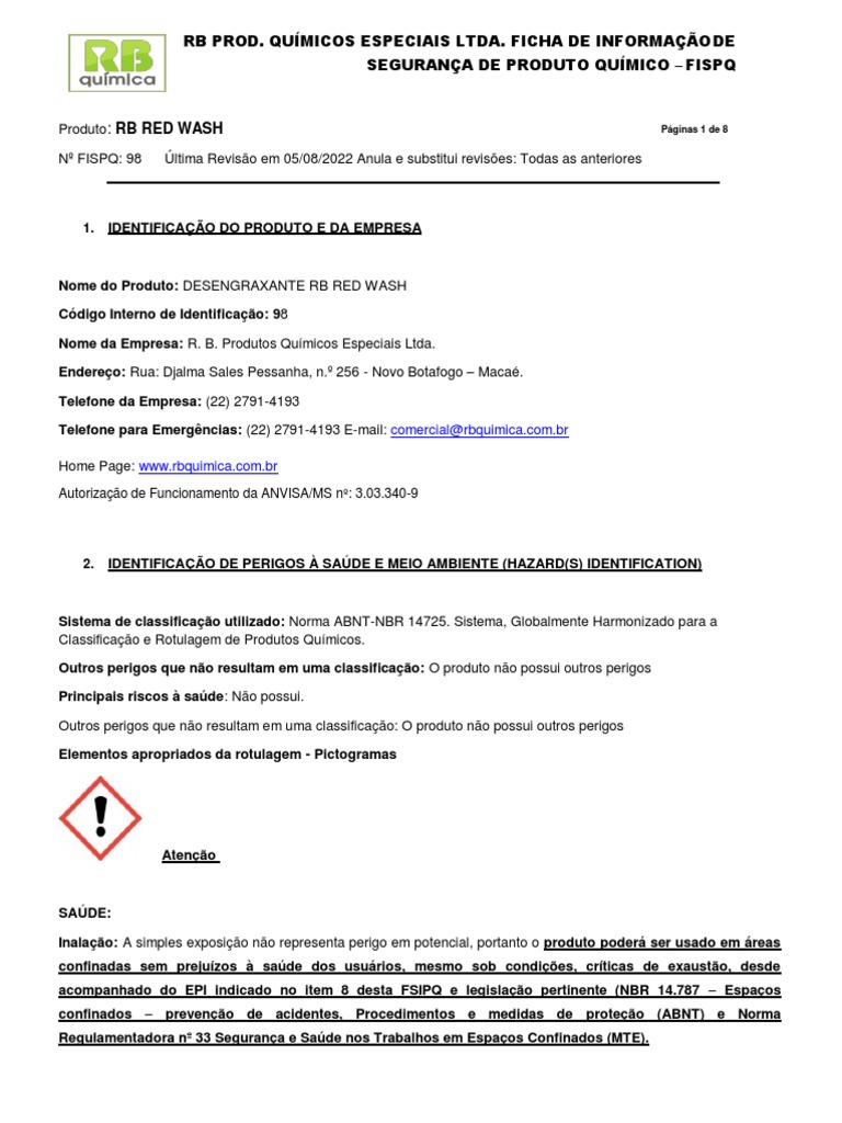 FISPQ Desengraxante - RB Red Wash | PDF | Embalagem e rotulagem | Desperdício