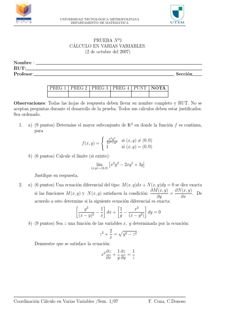 Prueba Calculo Varias Variables | PDF | Ecuaciones | Pulmón