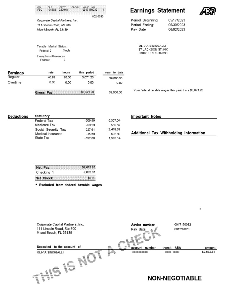 Olivia Sinisgalli Earnings Statement | PDF