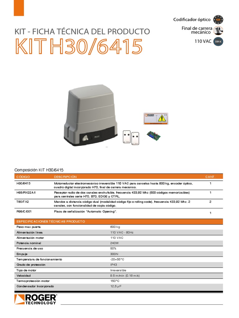 Kit H30/6415: Motorreductor 110 VAC | PDF