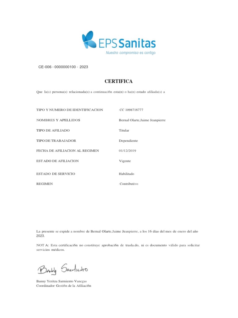 Certificado Afiliacion EPS Sánitas Jaime J Bernal O | PDF