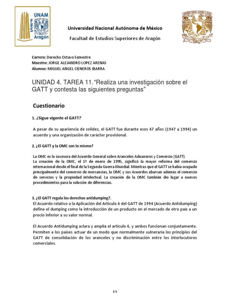 Tarea 11 Respuestas Sobre El GATT | PDF
