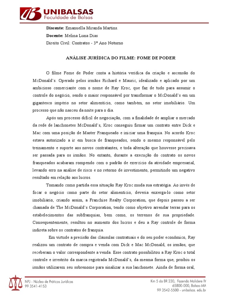 Análise Crítica Do Filme - Fome de Poder | PDF | McDonald's | Franchising