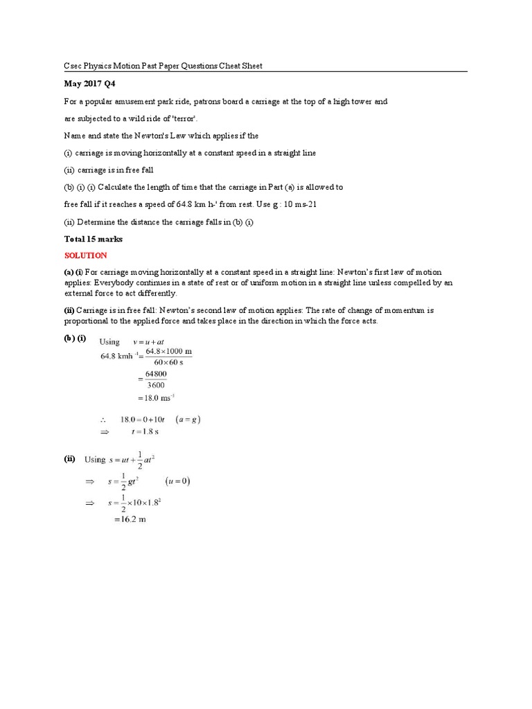 Csec Physics Motion Past Paper Solutions Cheat Sheet | PDF | Velocity | Momentum