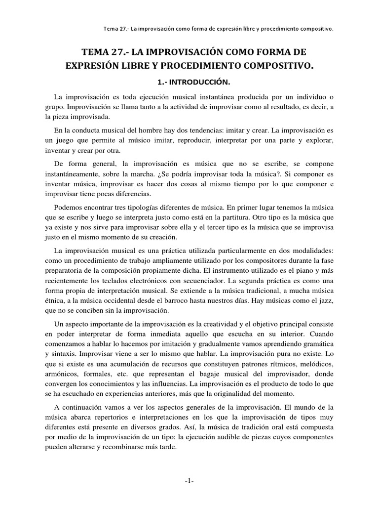 TEMA 27. - La Improvisación Como Forma de Expresión Libre y Procedimiento Compositivo. | PDF ...