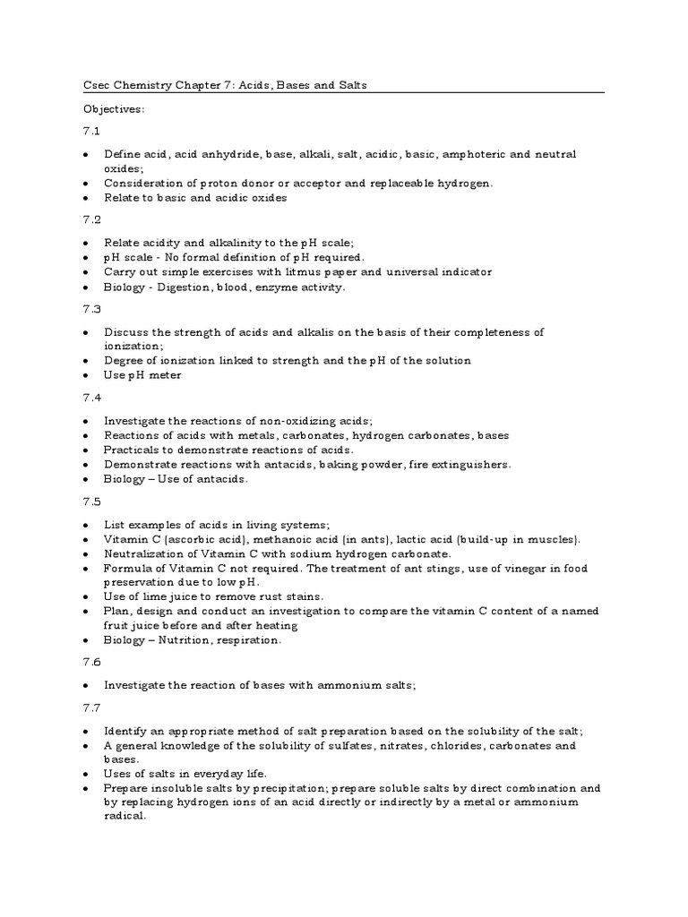 Csec Chemistry Chapter 7 - Acids, Salts and Bases | PDF | Acid | Salt ...