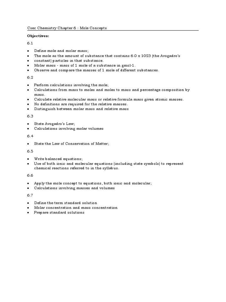 Csec Chemistry Chapter 6 - Moles | PDF | Mole (Unit) | Molecules