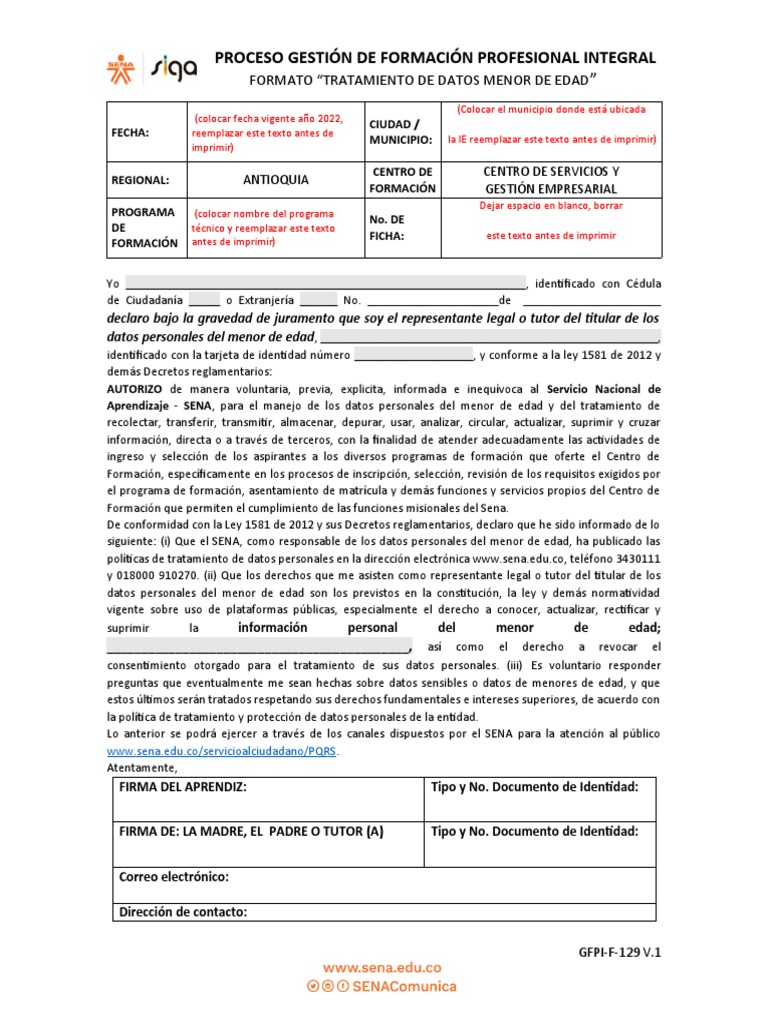GFPI-F-129 - Formato - Tratamiento - de - Datos - Menor - de - Edad - 31-1-22 | PDF | Menor (ley ...