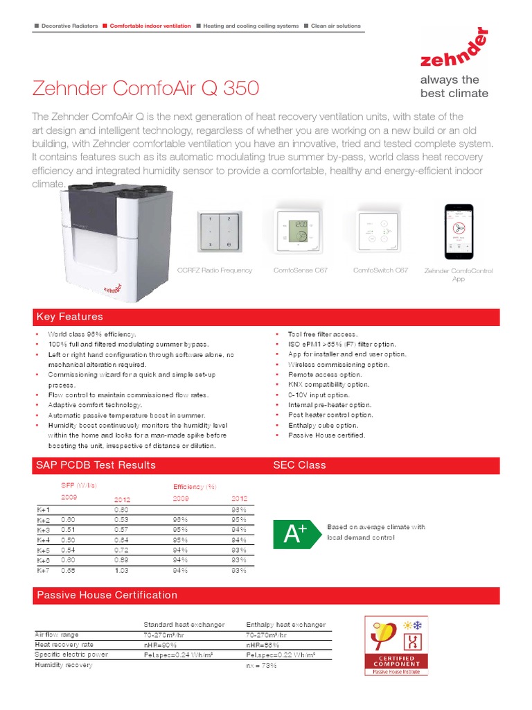 Asset Product Data Sheet Zehnder Comfoair Q 350 en Uk | PDF | Heat Exchanger | Mechanical ...