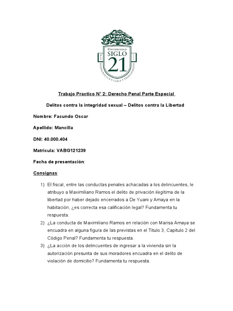 Trabajo Practico N2 TERMINADO. | PDF | Derecho penal | Violación